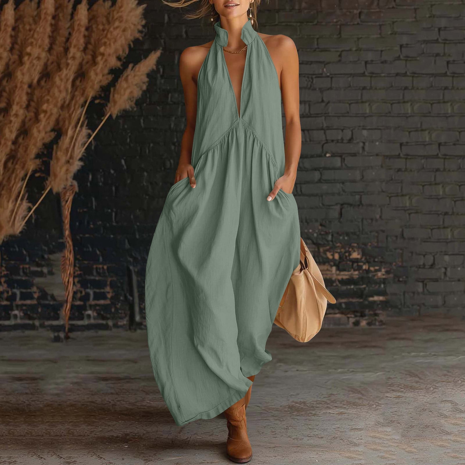 2026 Minimalist Halter Neck Maxi Dress Casual Loose Fit Summer Dress ...