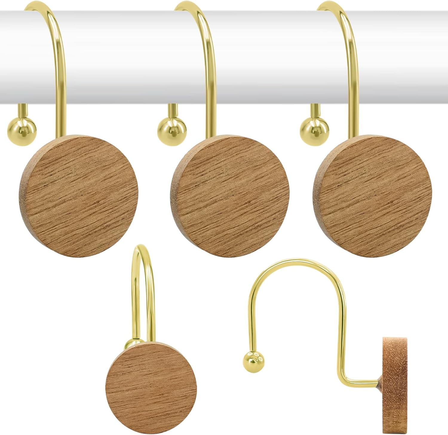 2026 New 12PCS Round Log Wood Shower Curtain Hooks, Gold Metal ...