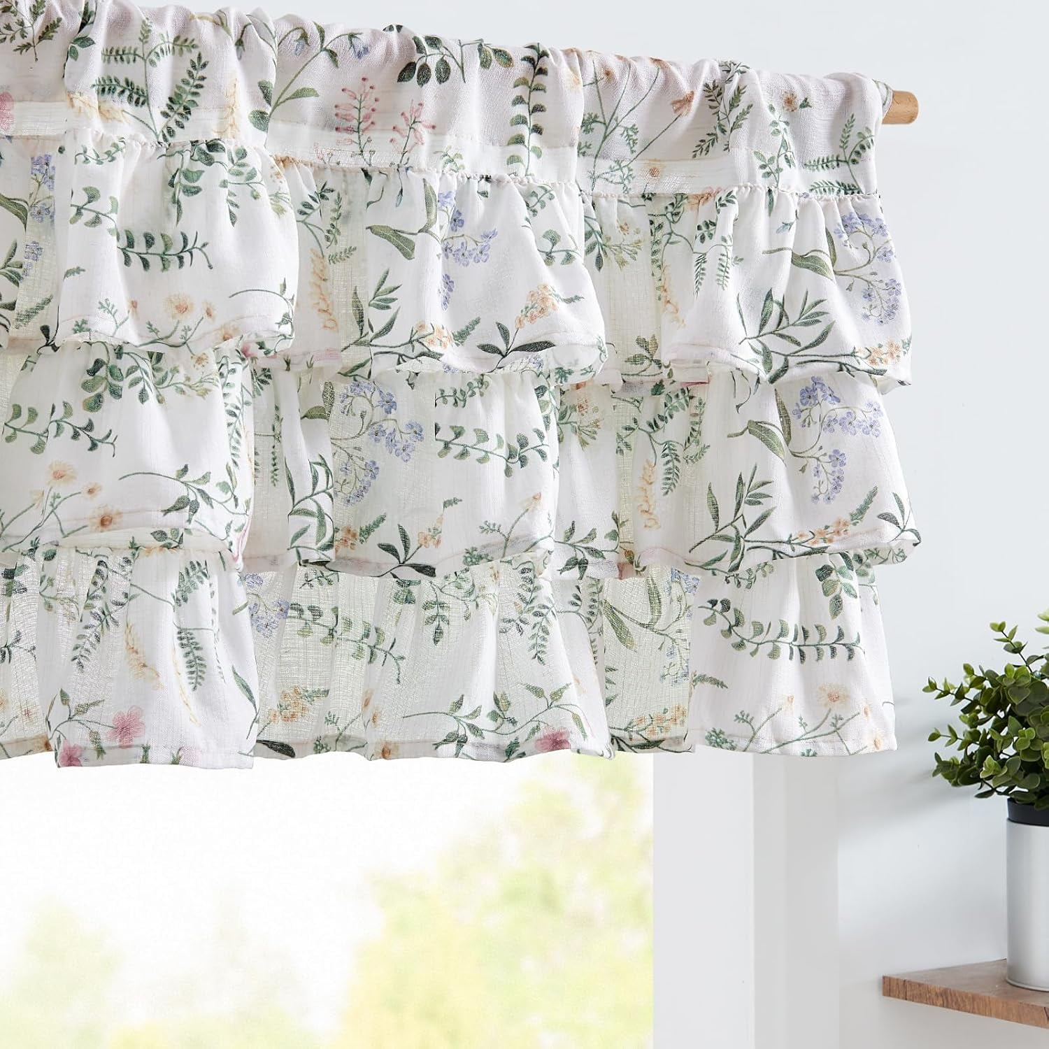 2026 New 18 Inch Ruffled Floral Linen Valance Curtain, Green Rustic ...
