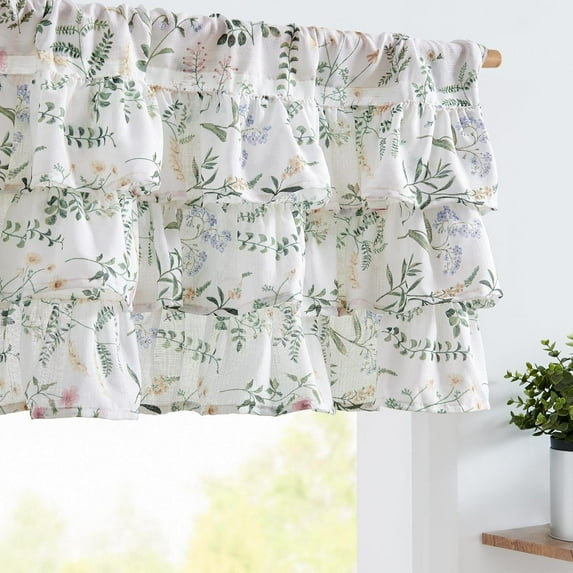 2026 New 18 Inch Ruffled Floral Linen Valance Curtain, Green Rustic ...