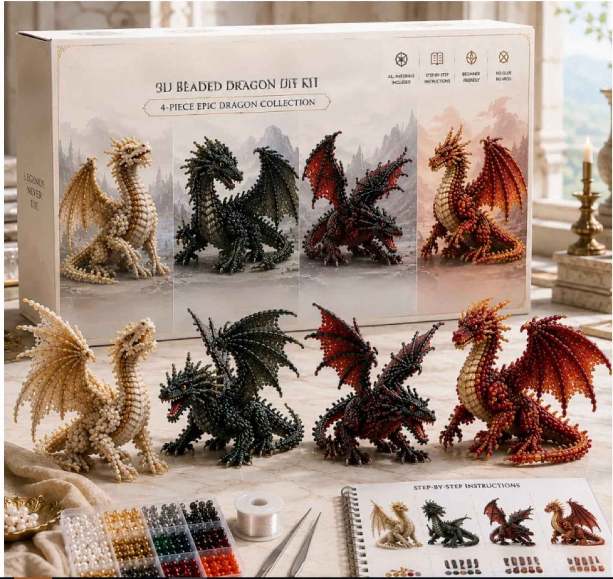 2026 New 3D Beaded Animal Kit, 4 Dragon Models Beading Embroidery Kits ...