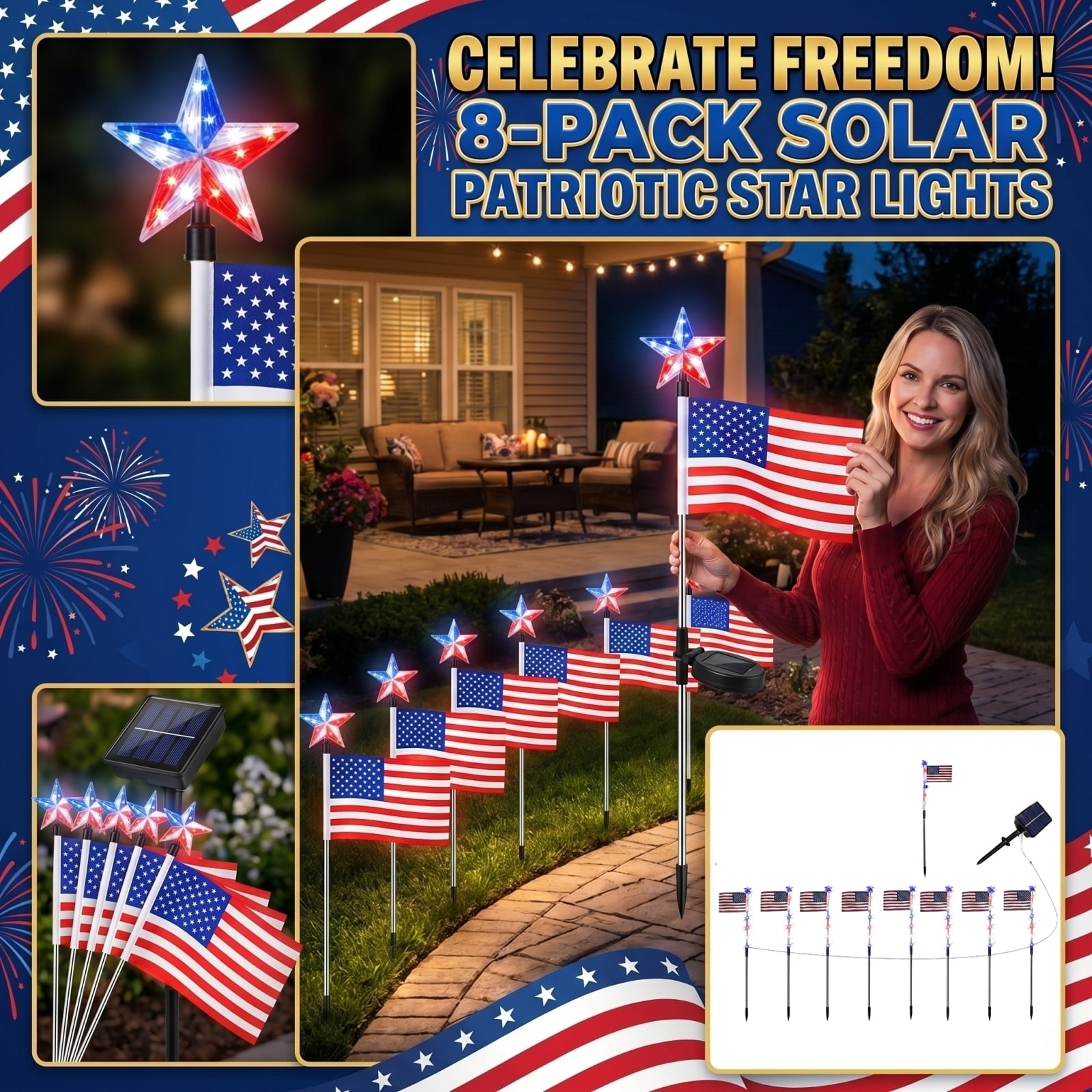 2026 New 8 Piece Solar US Flag Light Stake, Patriotic Independence Day ...