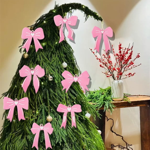 2026 New 8PCS Pinky Christmas Tree Bows Ornaments Holiday Decorations ...