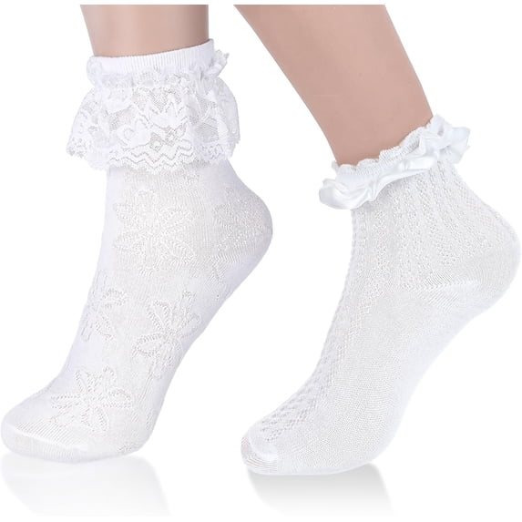 2026 New Arrival 2 Pairs Women White Ruffle Ankle Socks, Turn Cuff Lace ...