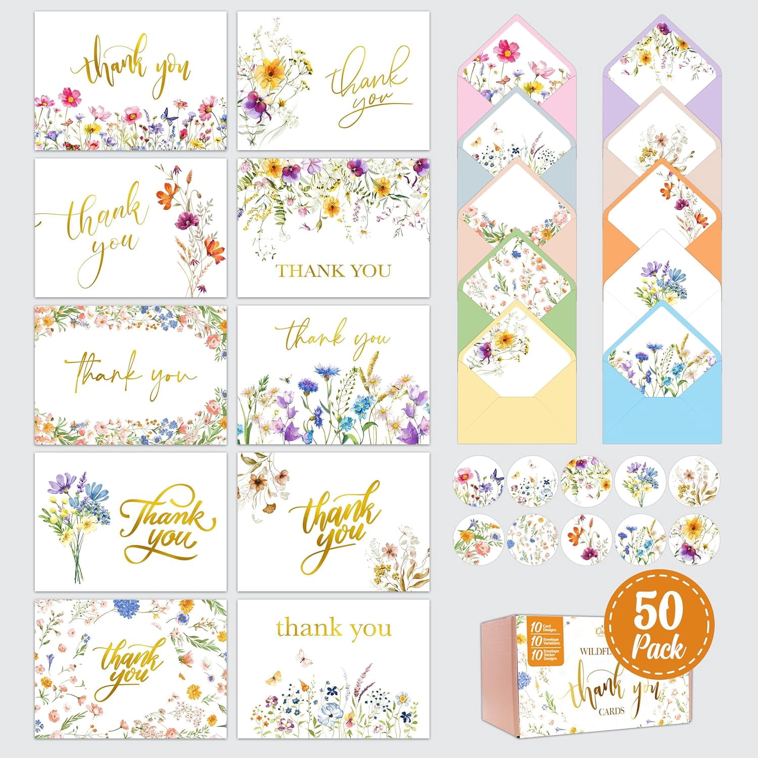 2026 New Arrival 50 Pack Gold Foil Thank You Cards with Envelopes ...