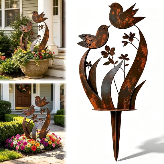 2026 New Bird & Wildflower Metal Garden Stake, Decorative Outdoor Plant ...