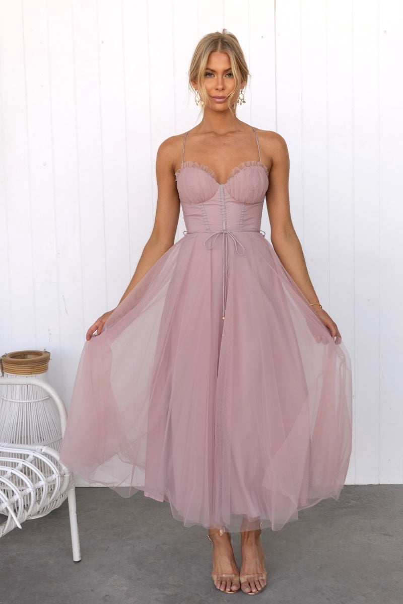 2026 New Blush Pink Tulle Midi Dress, Corset Bodice Spaghetti Strap ...