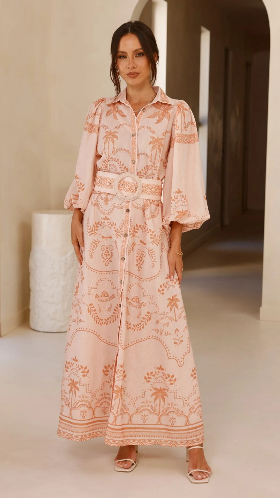 2026 New Bohemian Tropical Print Linen Maxi Dress with Belt, Button ...