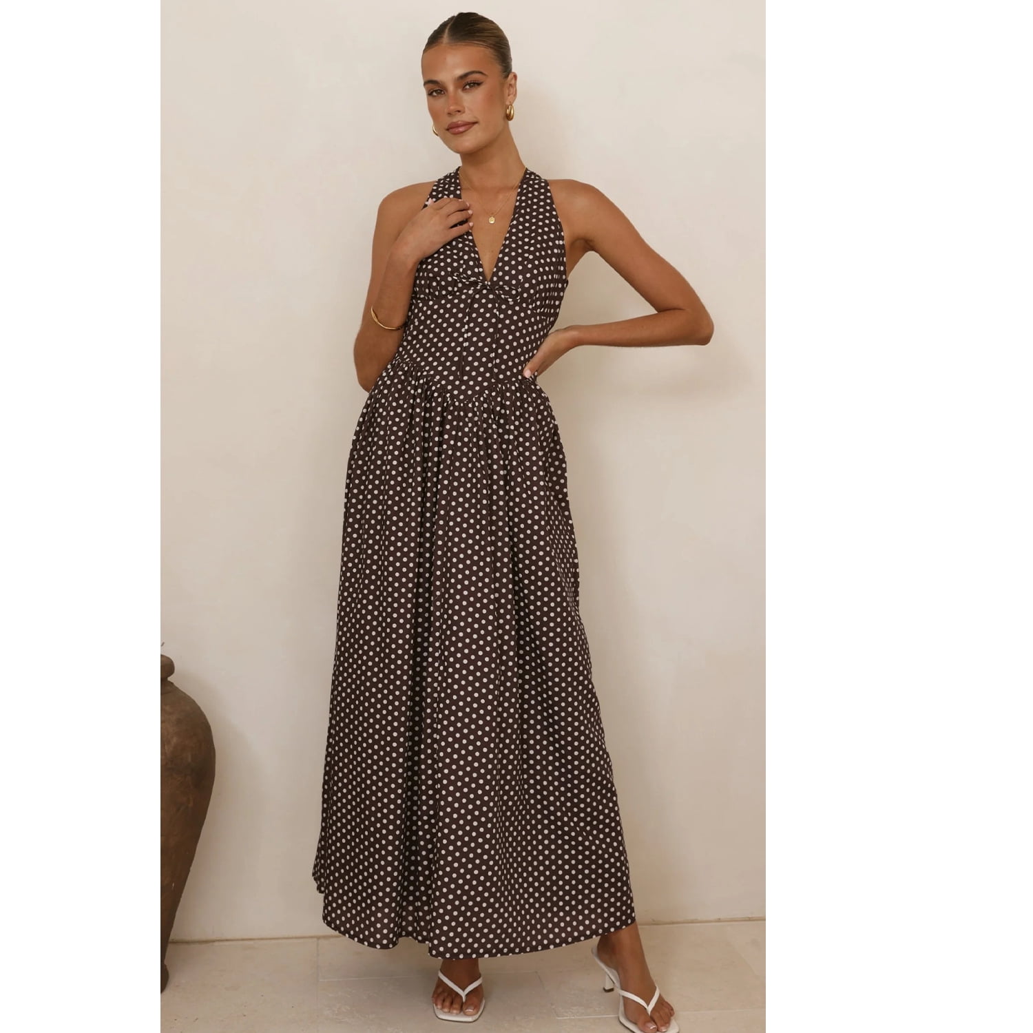 2026 New Bohemian Women's Brown Polka Dot Halter Neck Maxi Dress ...