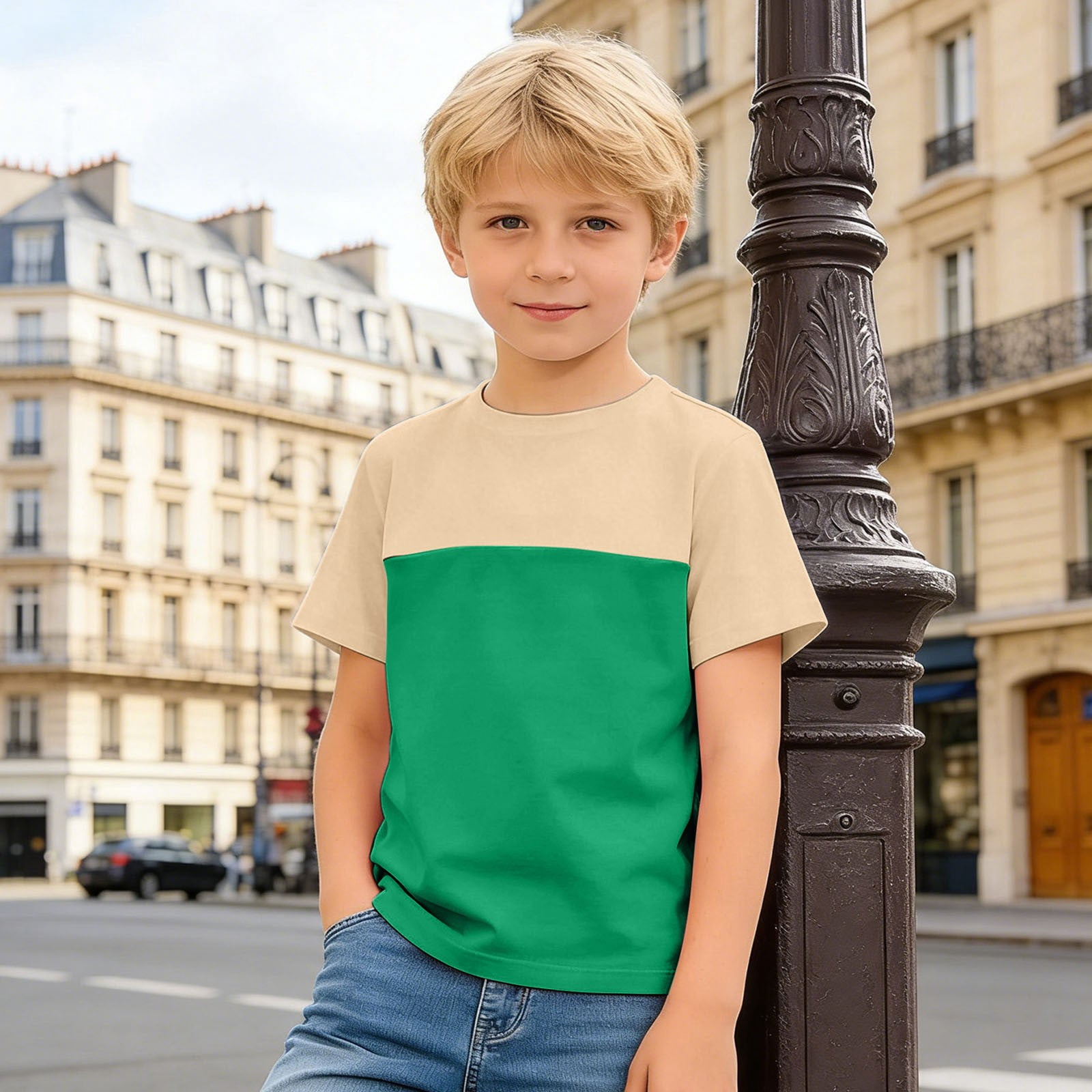 2026 New Boys Colorblock Short Sleeve Shirts Kids Summer Crewneck T ...