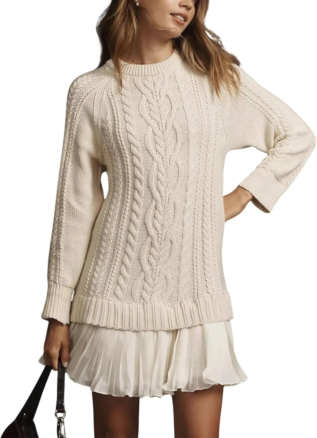 2026 New Cable Knit Sweater Dress, Women Crewneck Cable Knit Sweater Mini Dress, Sweater Dress ...
