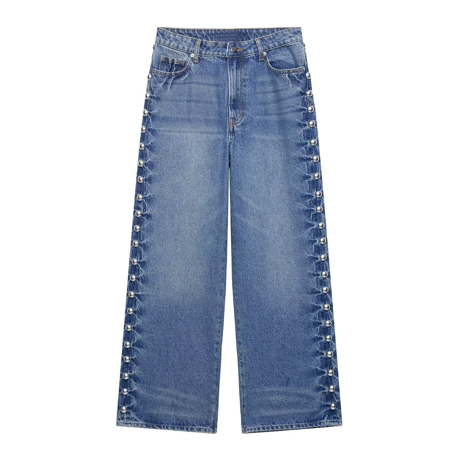 2026 New Casual High-Waisted Straight Leg Jeans with Metal Rivet ...