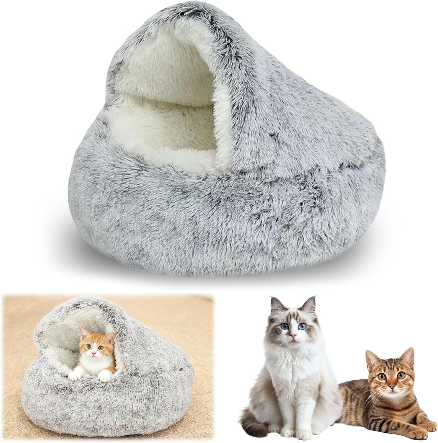 2026 New Cat Nest Bed, Round Plush Fluffy Hooded Cat Beds, Cozy Pod for ...