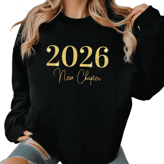 2026 New Chapter Gold Glitter Retro Graphic Sweatshirt causal black S ...