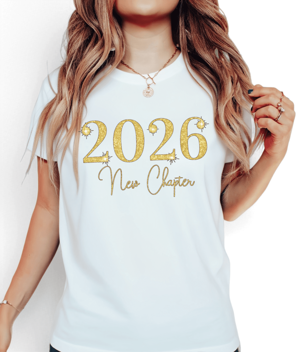 2026 New Chapter Print T-Shirt Graphic Tees Shirts White Gold Festive ...