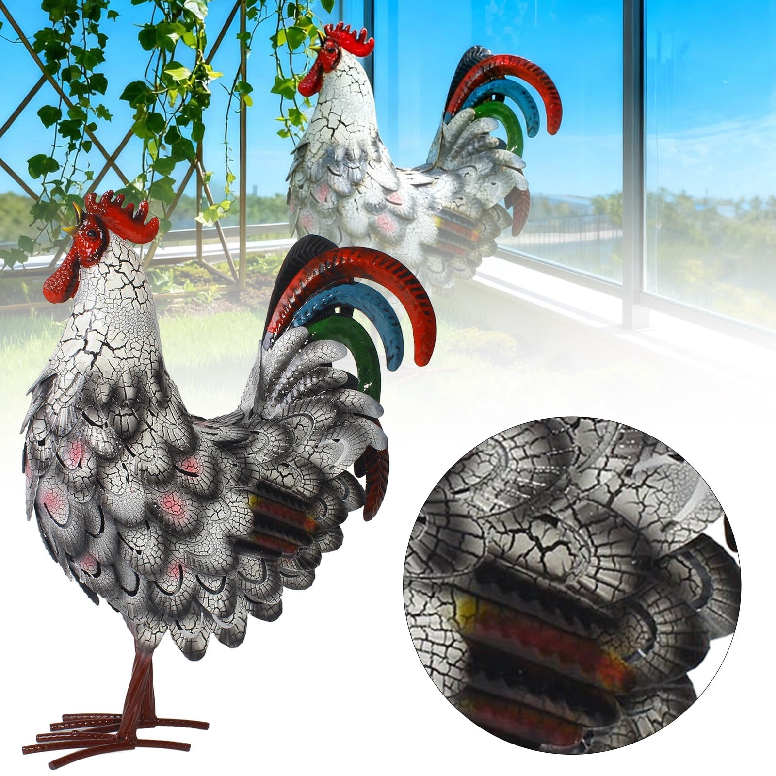 2026 New Colorful 3D Metal Rooster Garden Statue Farmhouse Outdoor Yard ...