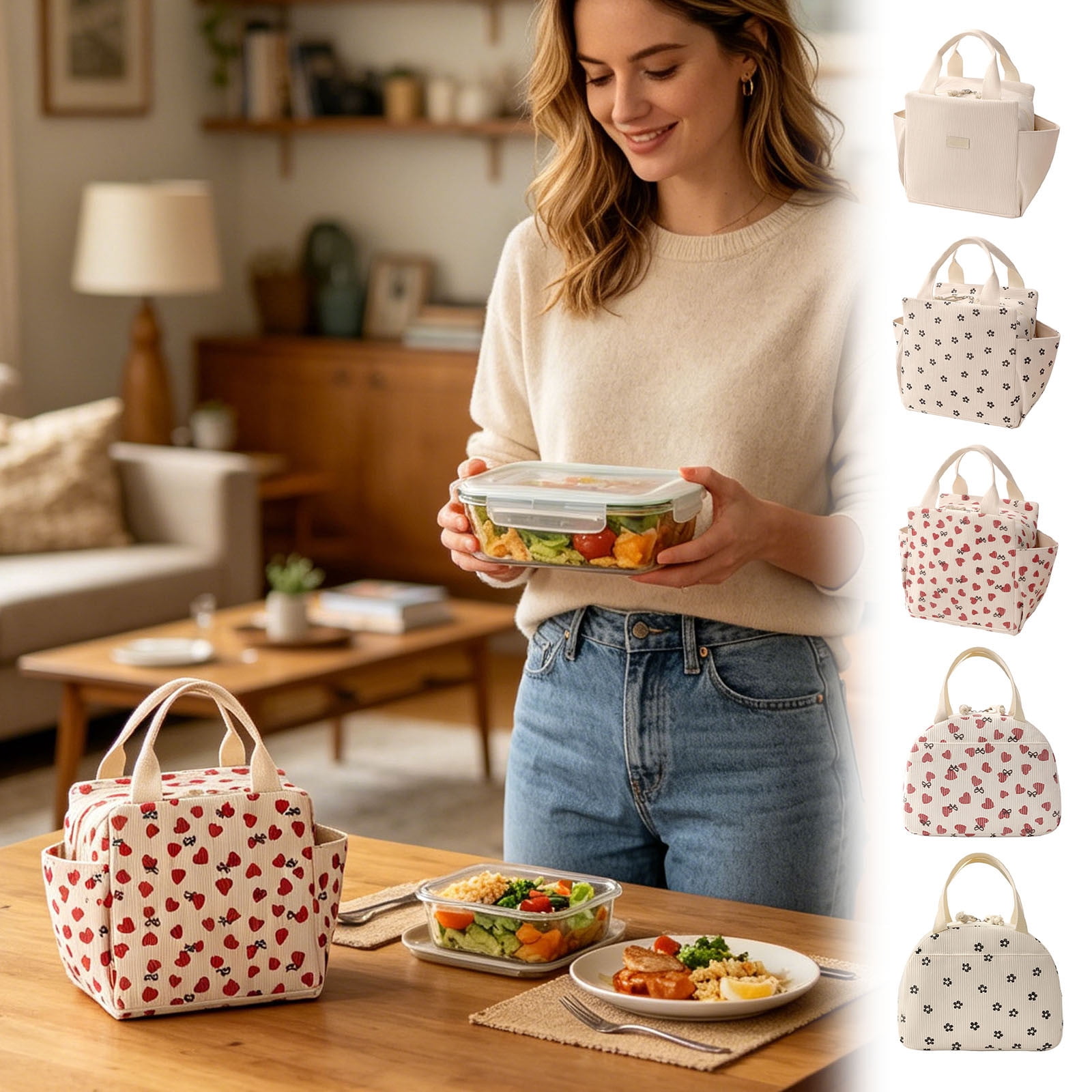 2026 New Corduroy Insulated Lunch Bag for Women, Cute Print Reusable ...