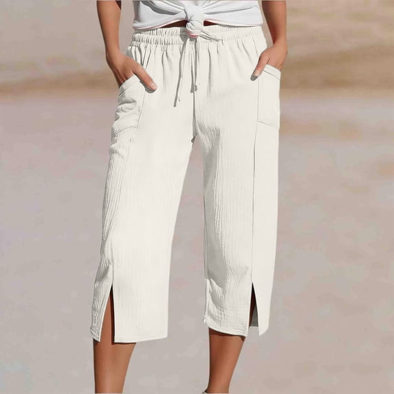 2026 New Cotton Capri Pants for Women Loose Fit Straight Leg Drawstring ...