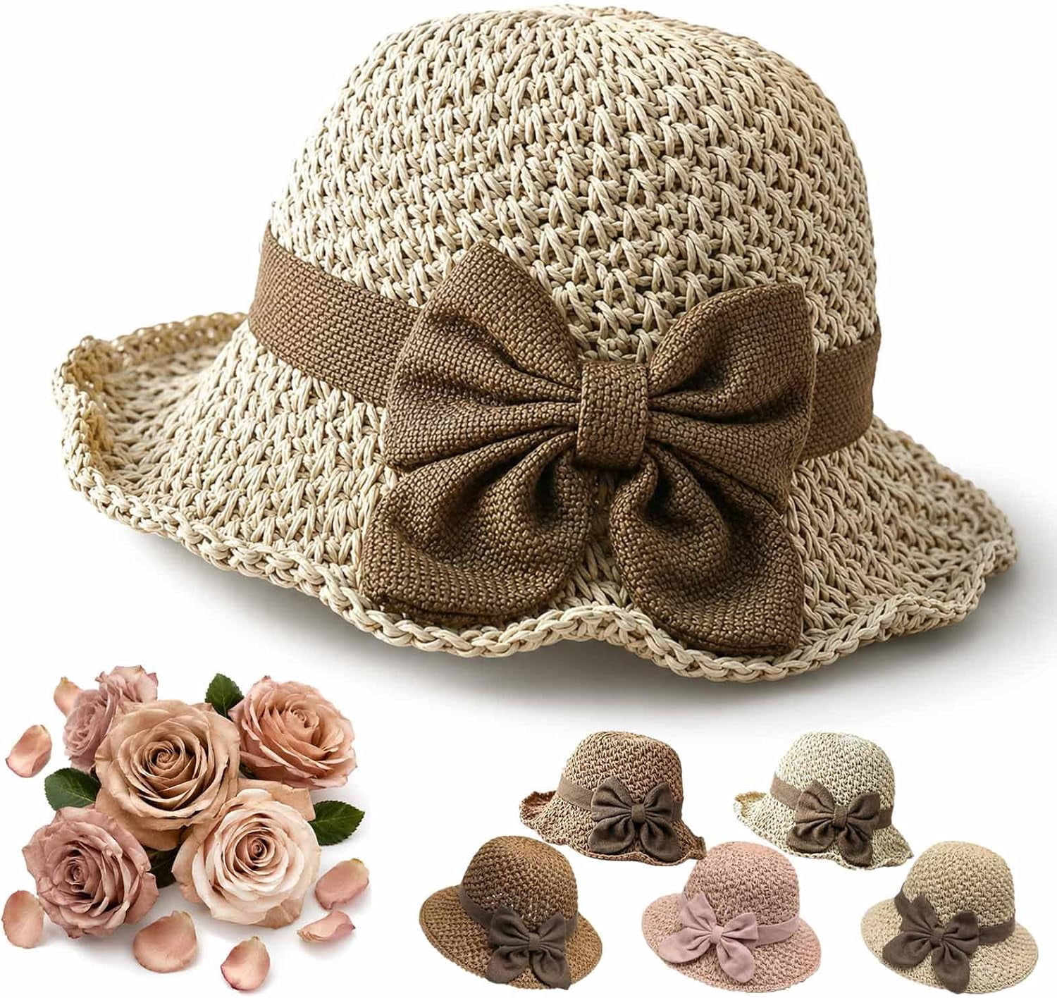 2026 New Elegant Woven Straw Sun Hat with Bow, Wide Brim Packable ...
