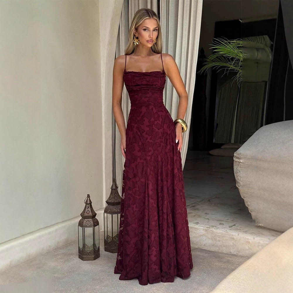 2026 New European and American Style Wine Red Spaghetti Strap Ruched ...