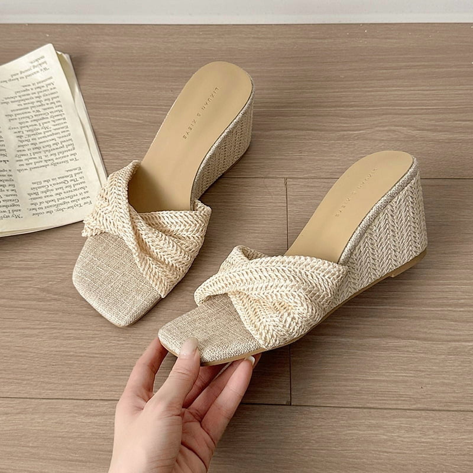 2026 New European and American Style Women's Brown Woven Raffia Wedge ...