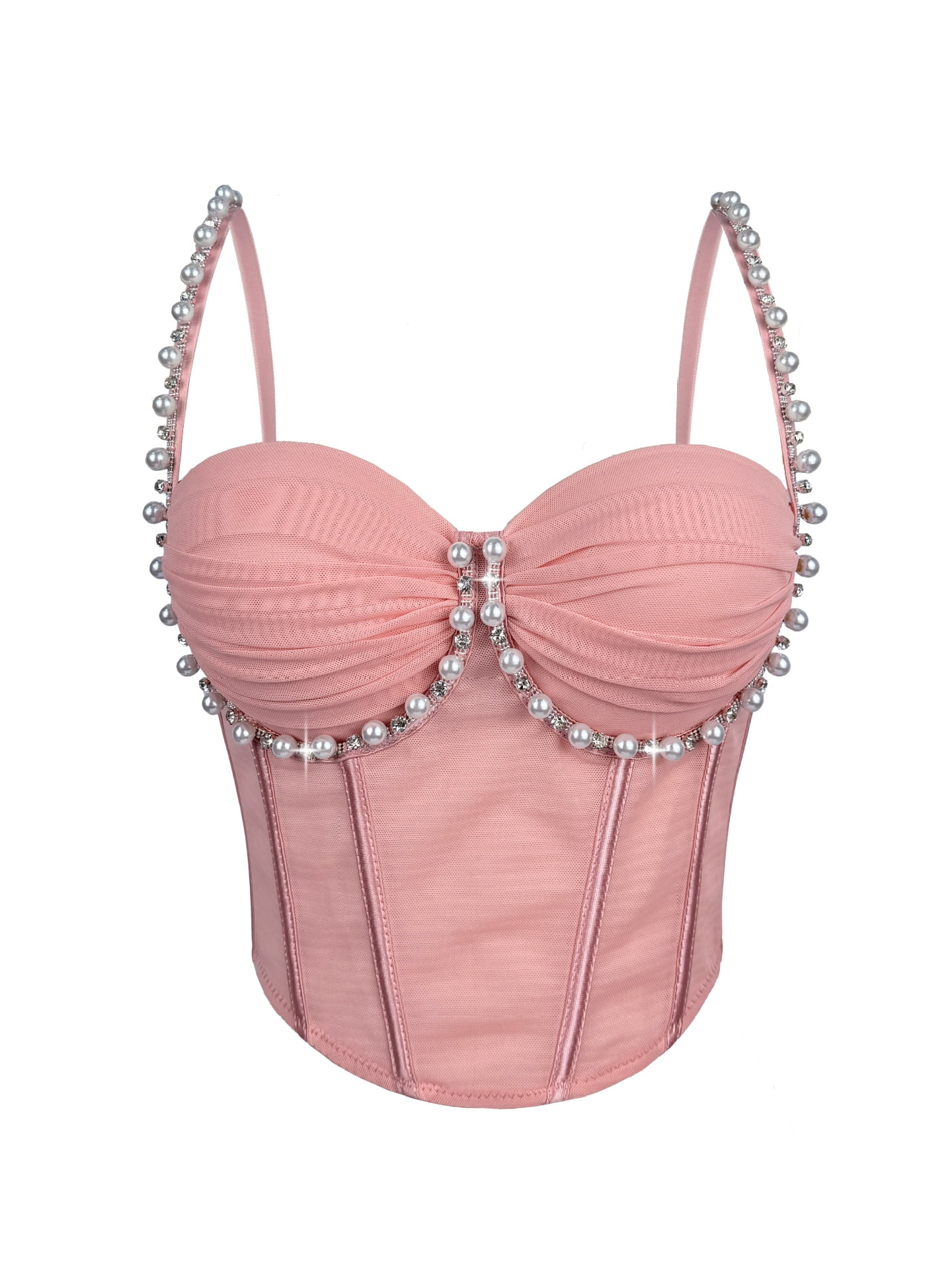 2026 New European and American Style Women's Pink Mesh Pearl Rhinestone ...