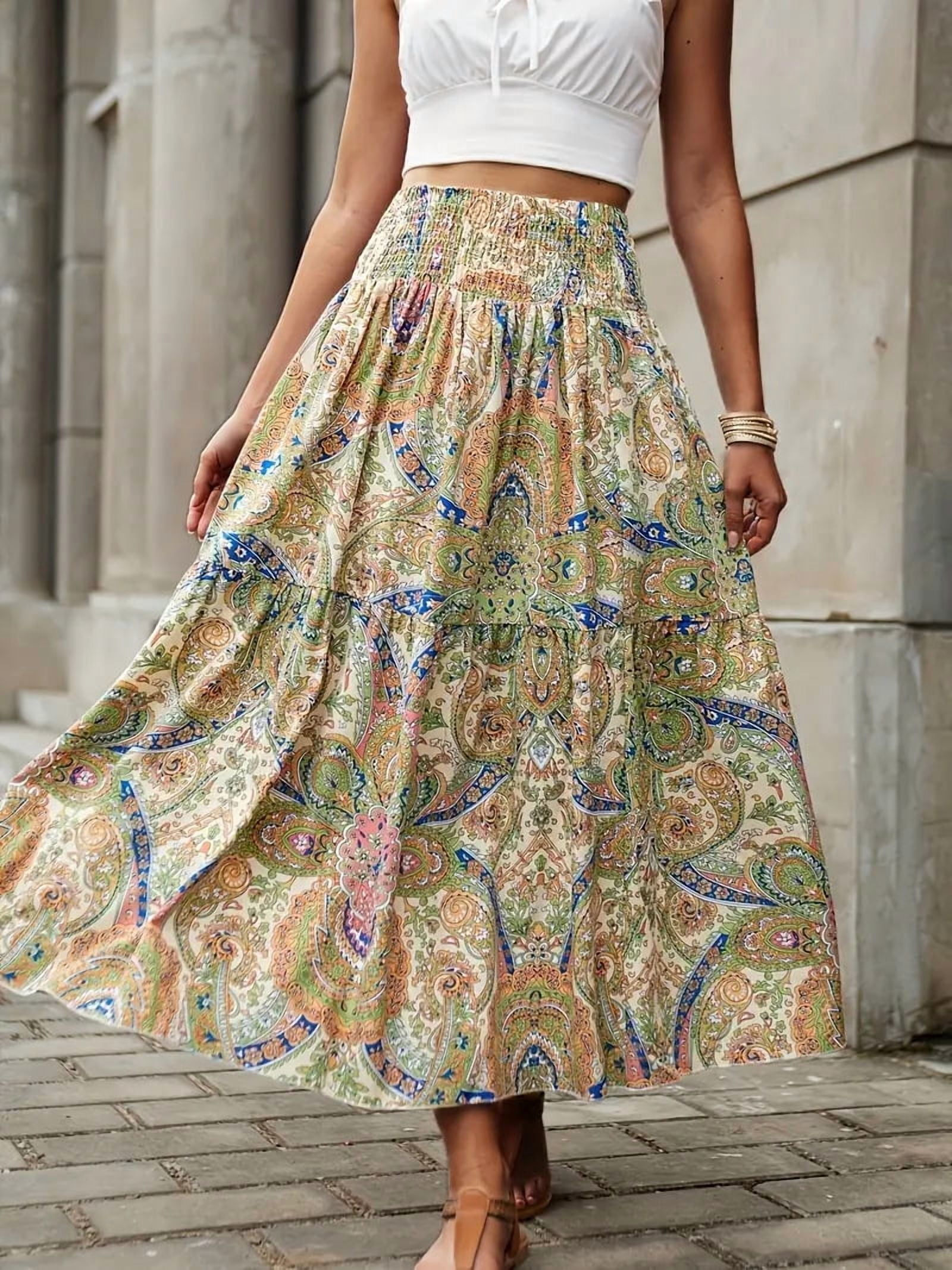 2026 New Fashion Women's Boho Print Elastic High Waist Tiered Maxi ...