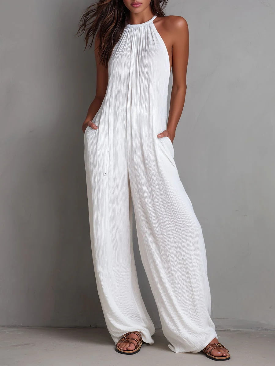 2026 New Fashion Women's Halter Neck Textured Pleated Wide Leg Jumpsuit ...