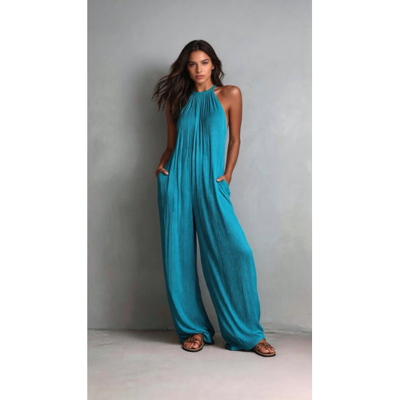 2026 New Fashion Women's Halter Neck Textured Pleated Wide Leg Jumpsuit ...