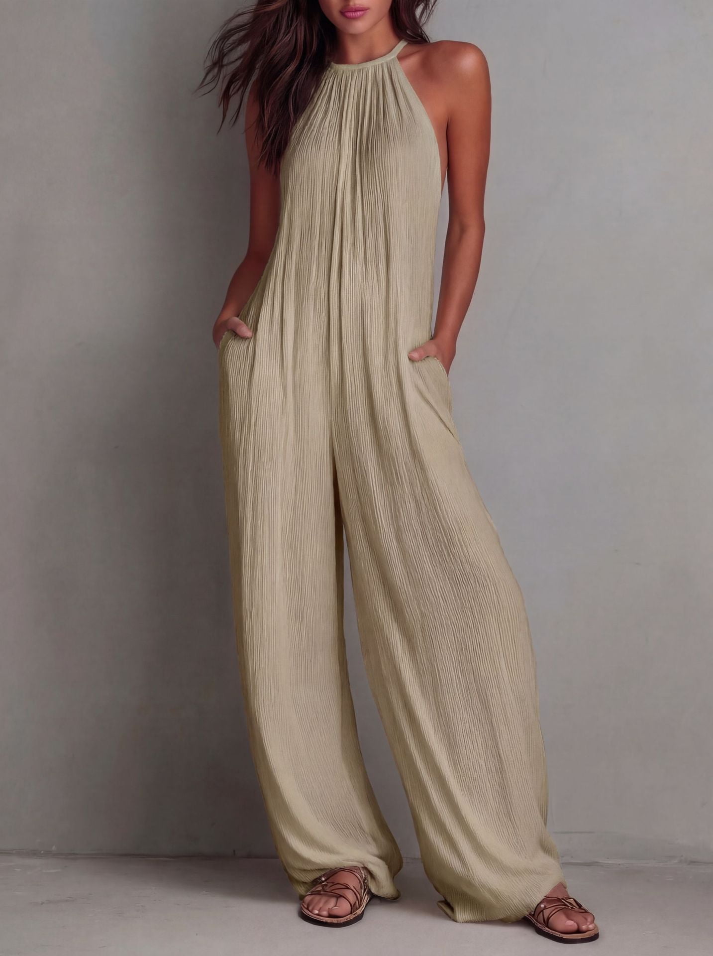 2026 New Fashion Women's Halter Neck Textured Pleated Wide Leg Jumpsuit ...