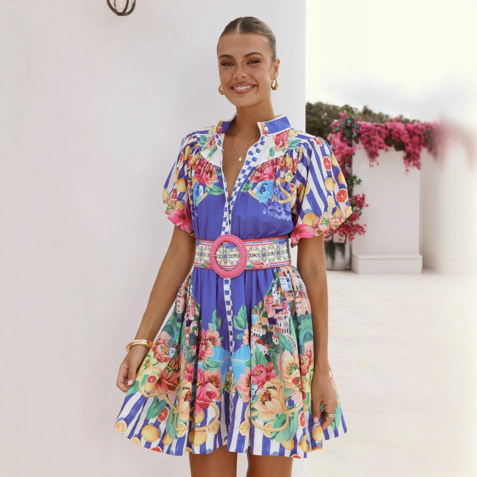 2026 New Fashion Women's Mediterranean Floral Stripe Print Mini Dress ...