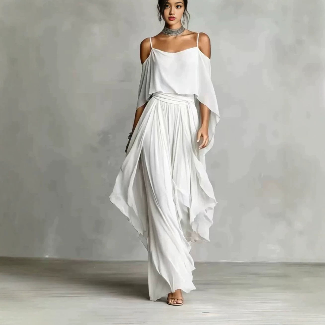2026 New Fashion Women's Off-Shoulder Spaghetti Strap Flowy Chiffon Top ...