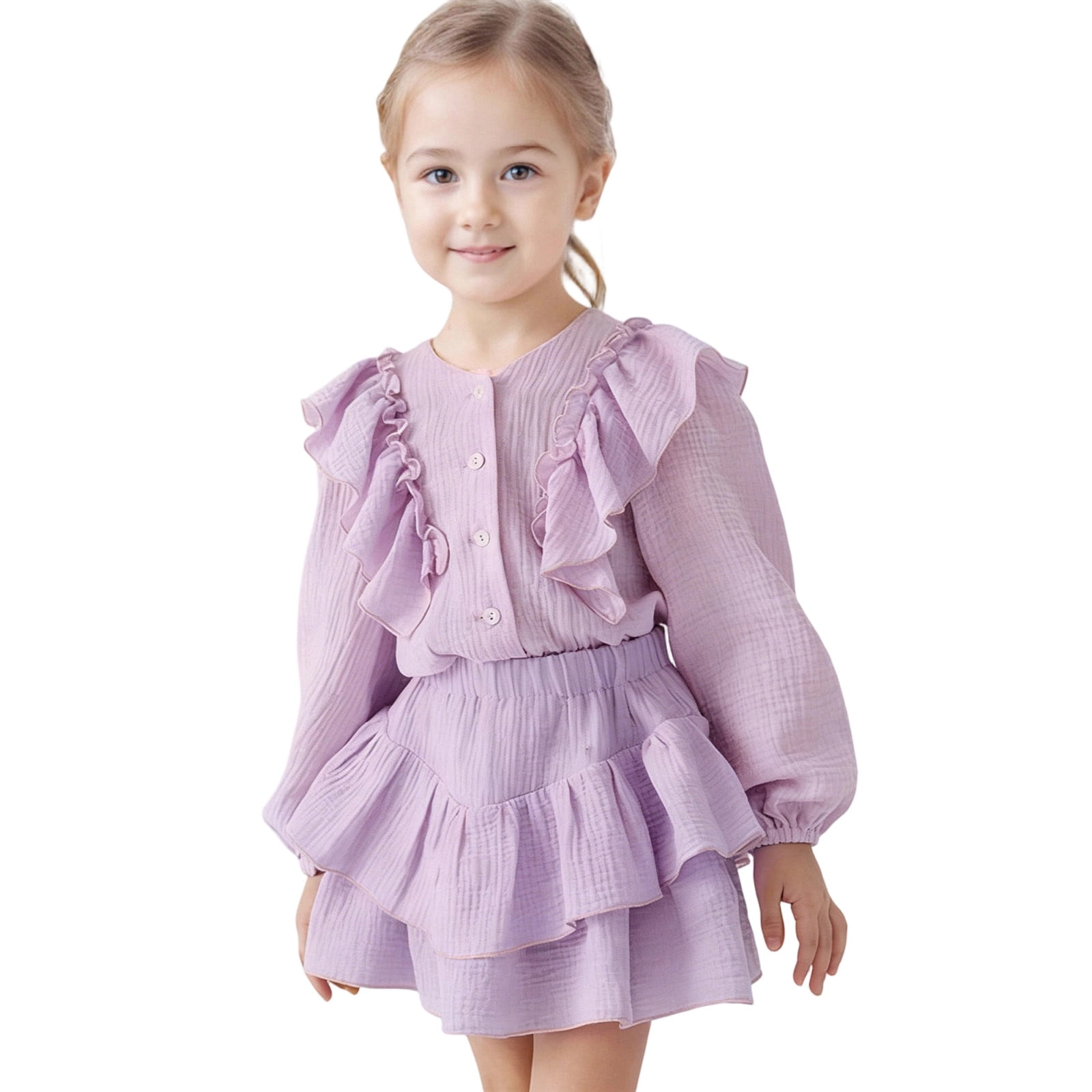 2026 New Girls 2-Piece Casual Outfit Crinkle Cotton Ruffle Long Sleeve ...