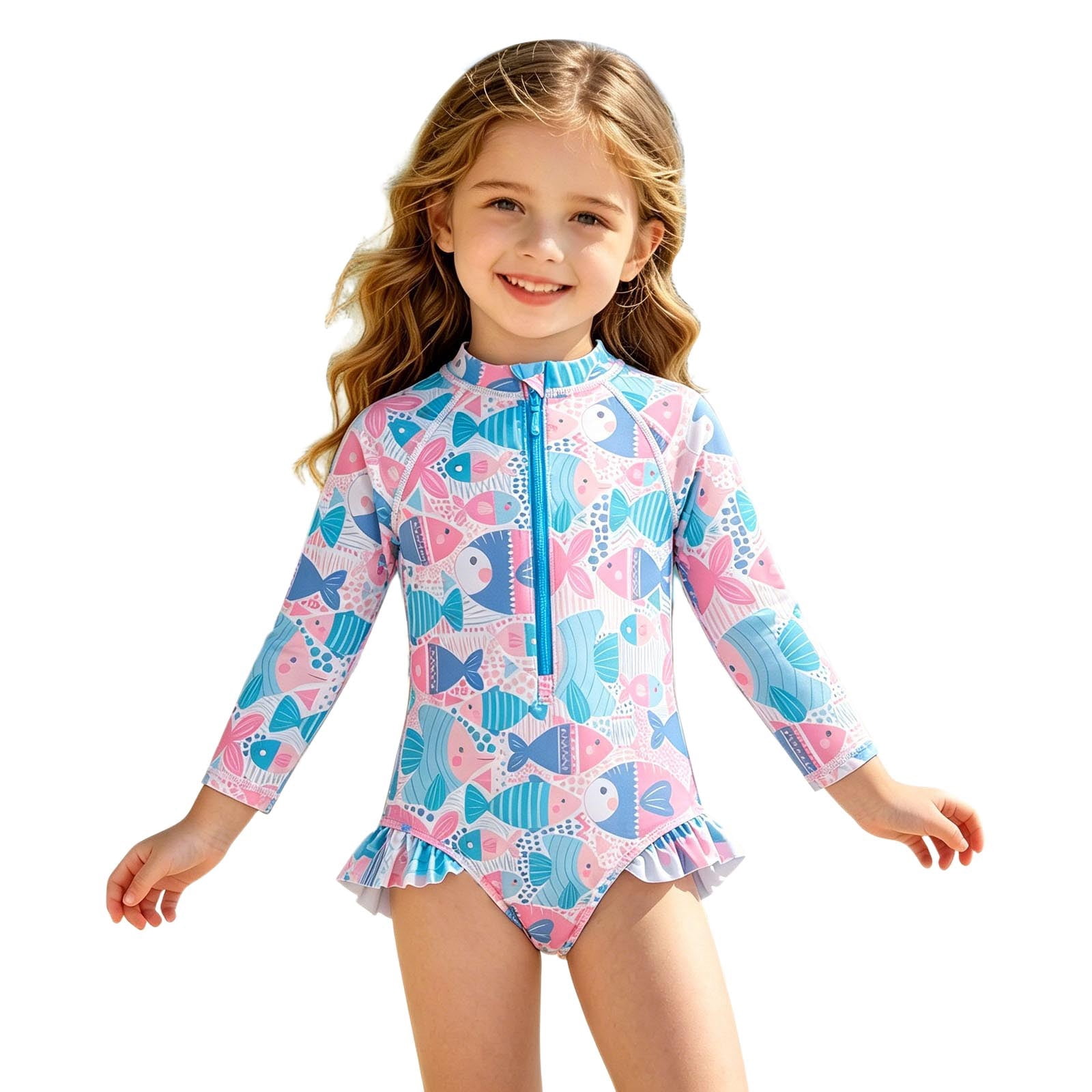 2026 New Girls Colorful Fish Print One Piece Rash Guard Swimsuit, Kids ...