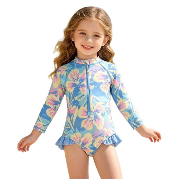2026 New Girls Colorful Flowers Print One Piece Rash Guard Swimsuit ...