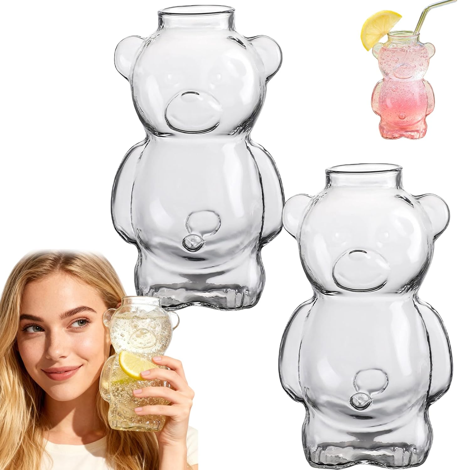 2026 New Glass Bear Cup, 20oz Teddy Bear Glass Cup With Straw， Reusable ...
