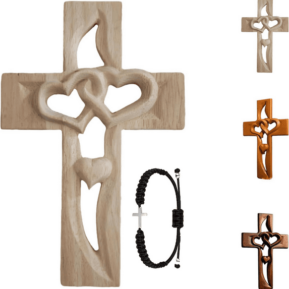 2026 New Hand-Carved Intertwined Hearts Wooden Cross – Vintage-Style ...