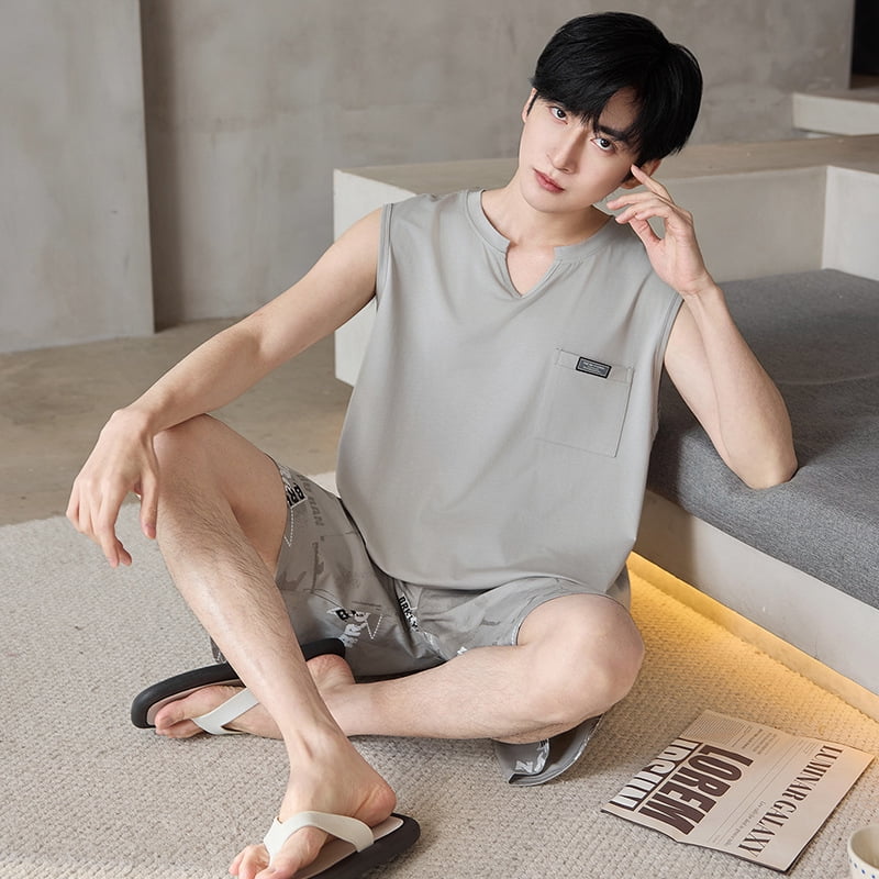 2026 New Men's Lyocell Cotton Pajamas Sleeveless Vest Short-Sleeve Men ...
