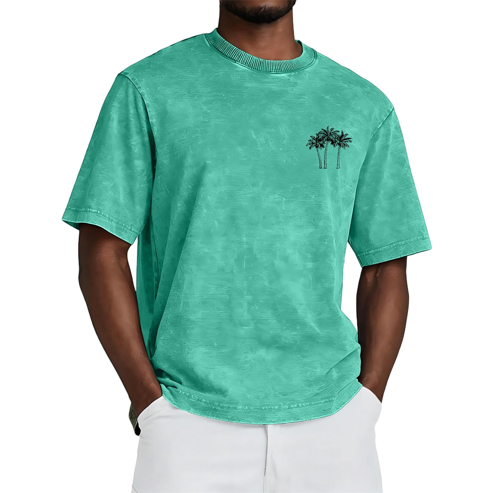 2026 New Mens Vintage Washed Crewneck Tee Oversized Fit Tropical Palm ...