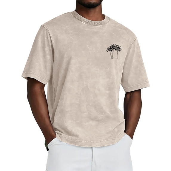 2026 New Mens Vintage Washed Crewneck Tee Oversized Fit Tropical Palm ...