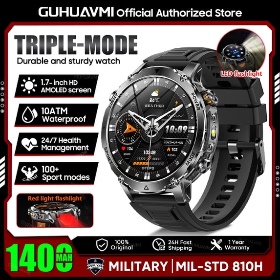 2026 New Military 1400mAh Battery Smart Watch Men Outdoor Flashlight ...