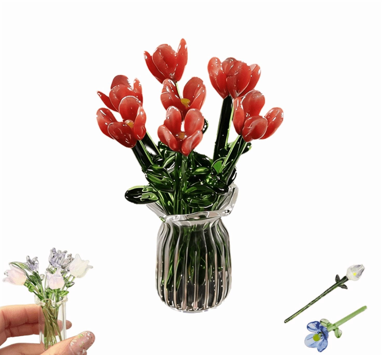 2026 New Mini Glass Flowers in Vase, Tiny Glass Flowers in Vase with ...