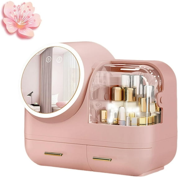 2026 New Mirror Fan Makeup Case, Large Capacity LED Light Mirror Makeup ...
