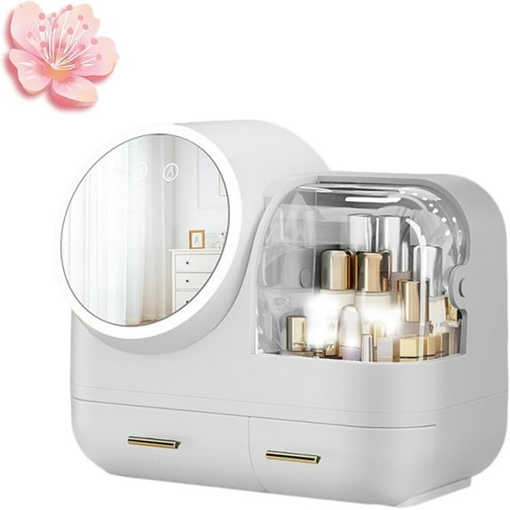 2026 New Mirror Fan Makeup Case, Large Capacity LED Light Mirror Makeup ...