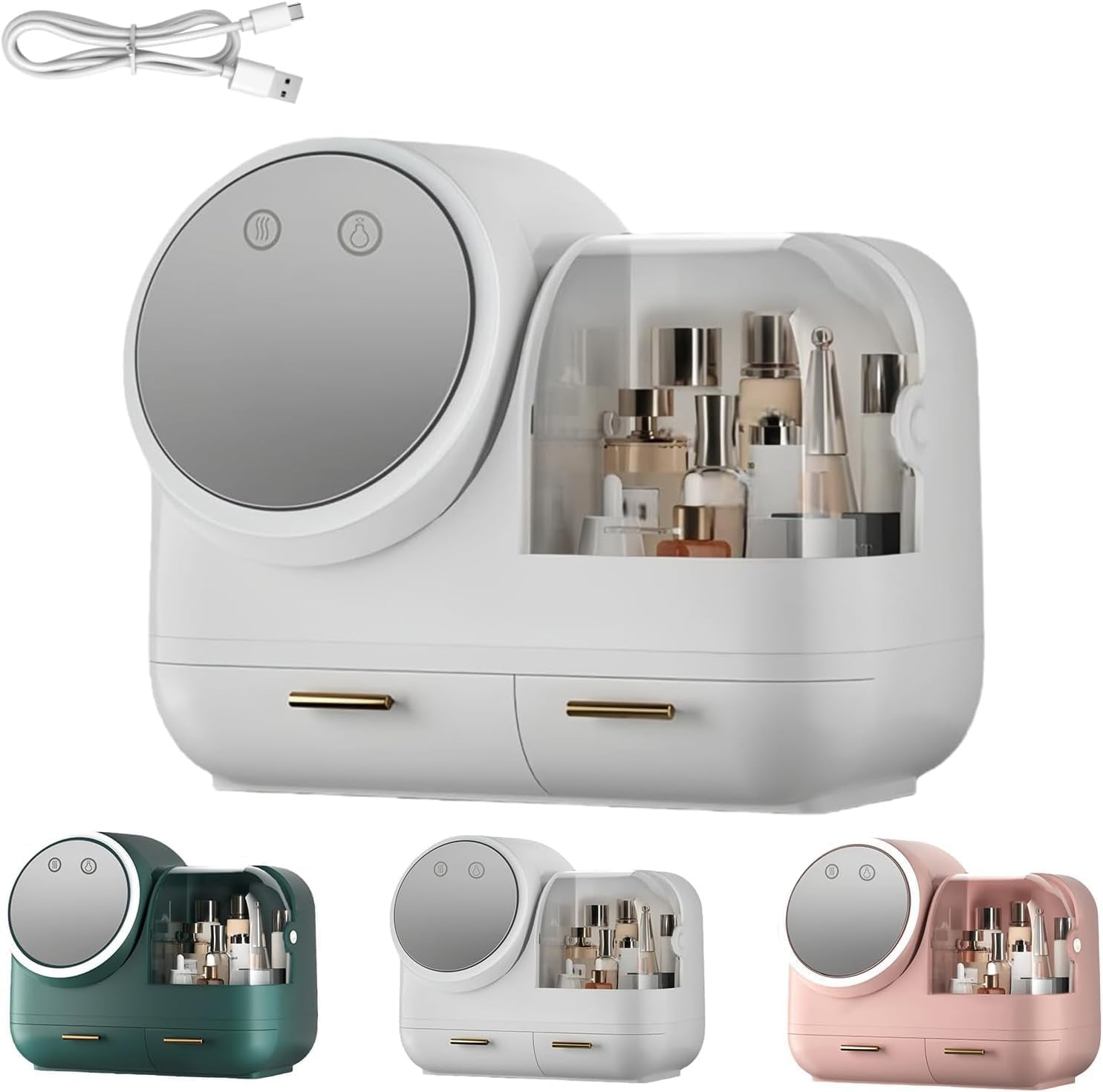 2026 New Mirror Fan Makeup Case, Large Capacity LED Light Mirror Makeup ...