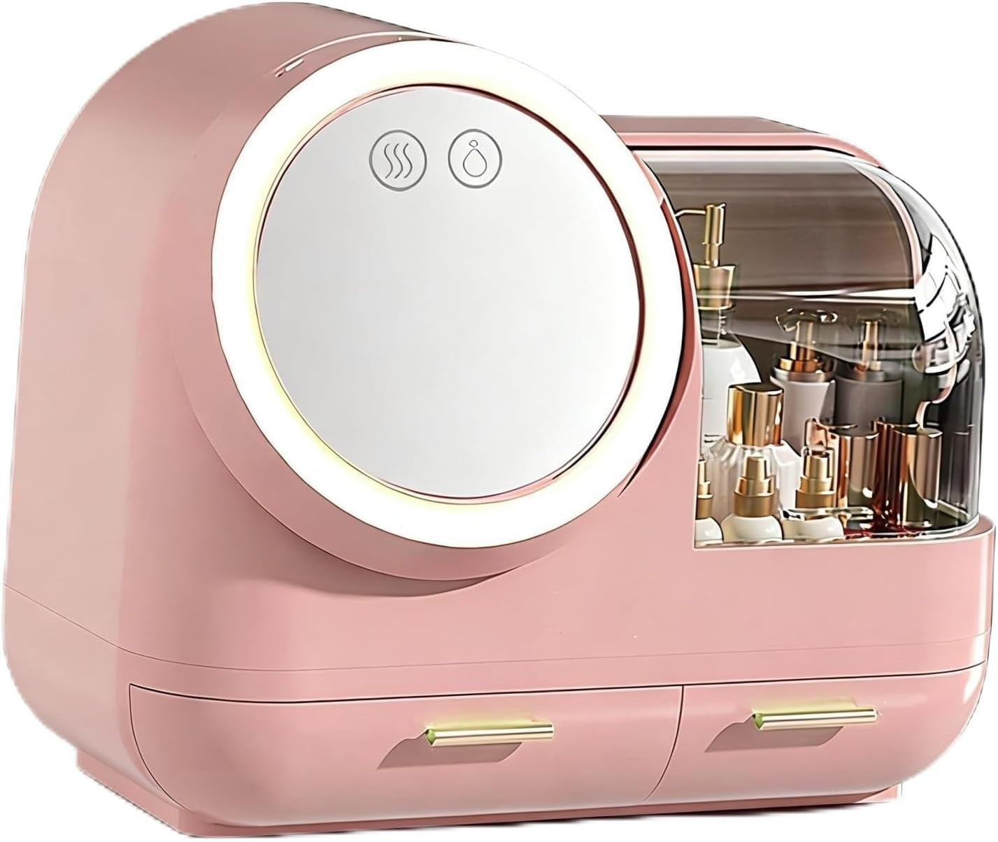 2026 New Mirror Fan Makeup Case, Large Capacity LED Light Mirror Makeup ...