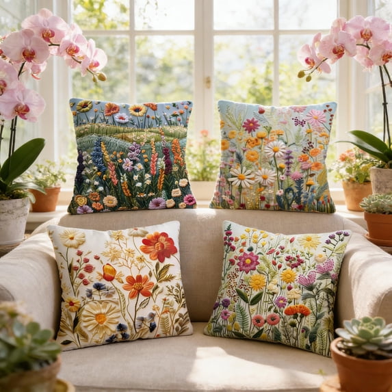 2026 New - Pillow 4pc Spring Flower Patterns Imitation Embroidery ...