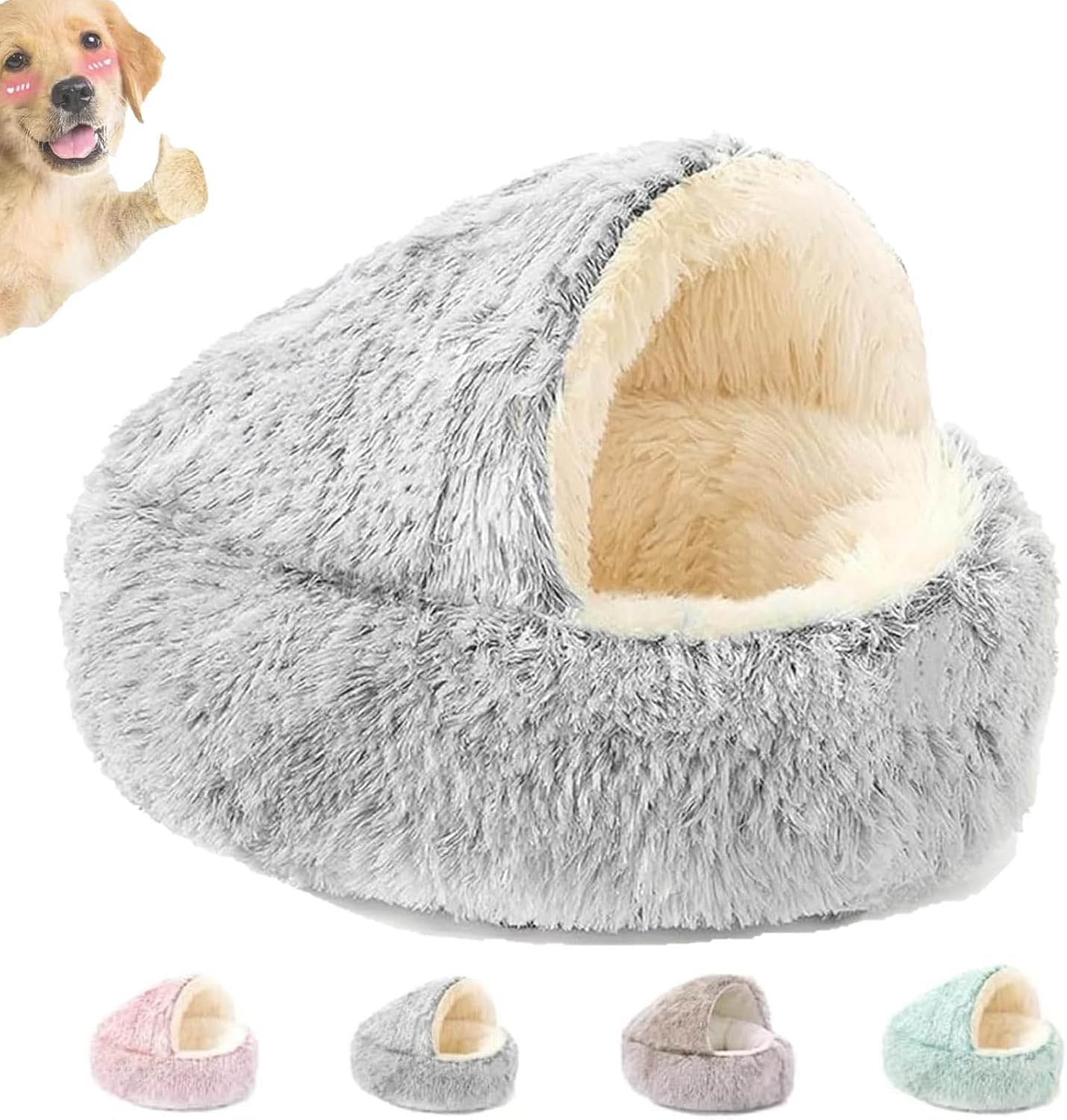 2026 New Plush Hooded Cat Bed, 15.7In Round Plush Fluffy Hooded Cat ...