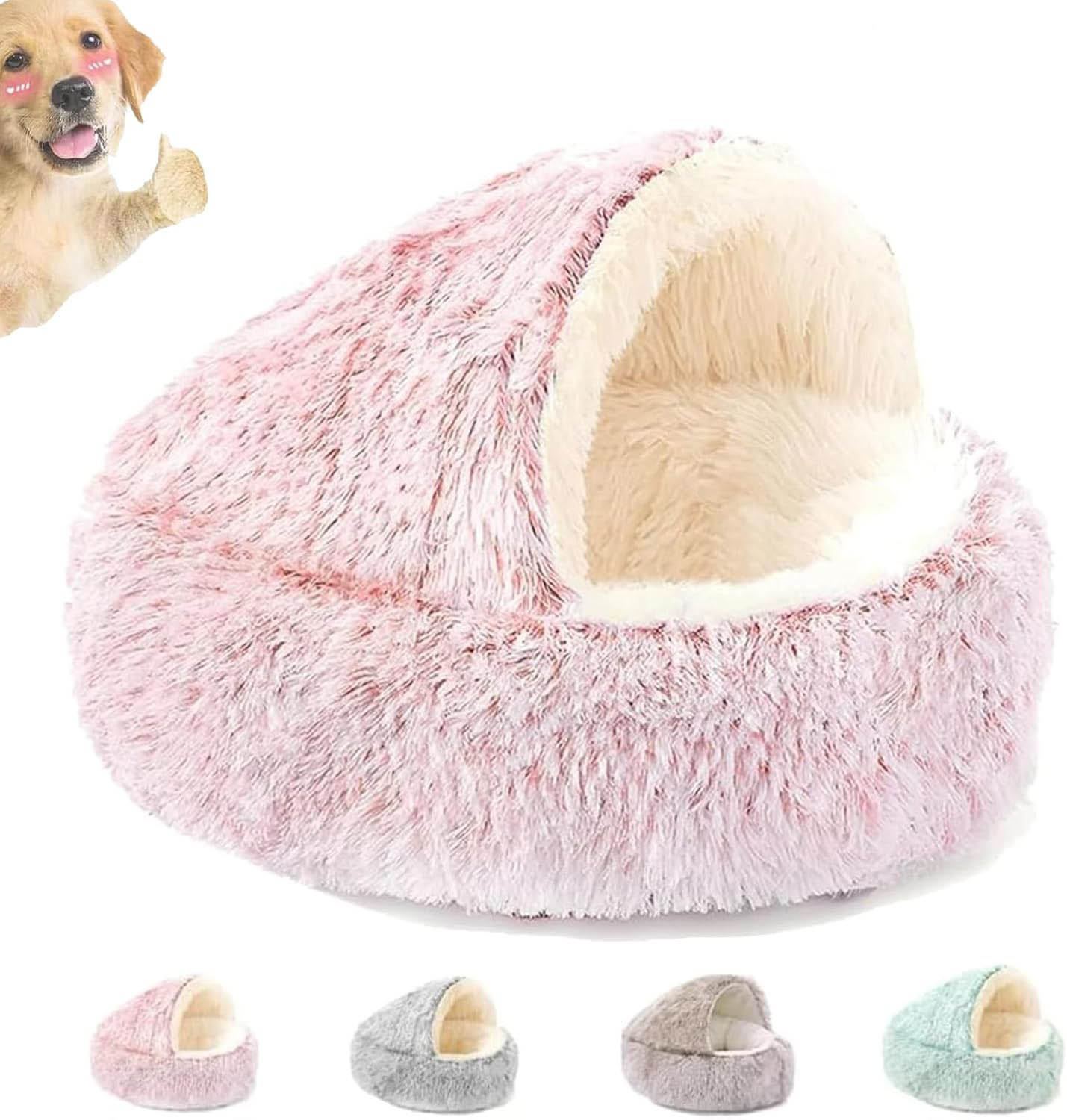 2026 New Plush Hooded Cat Bed, 23.6In Round Plush Fluffy Hooded Cat ...