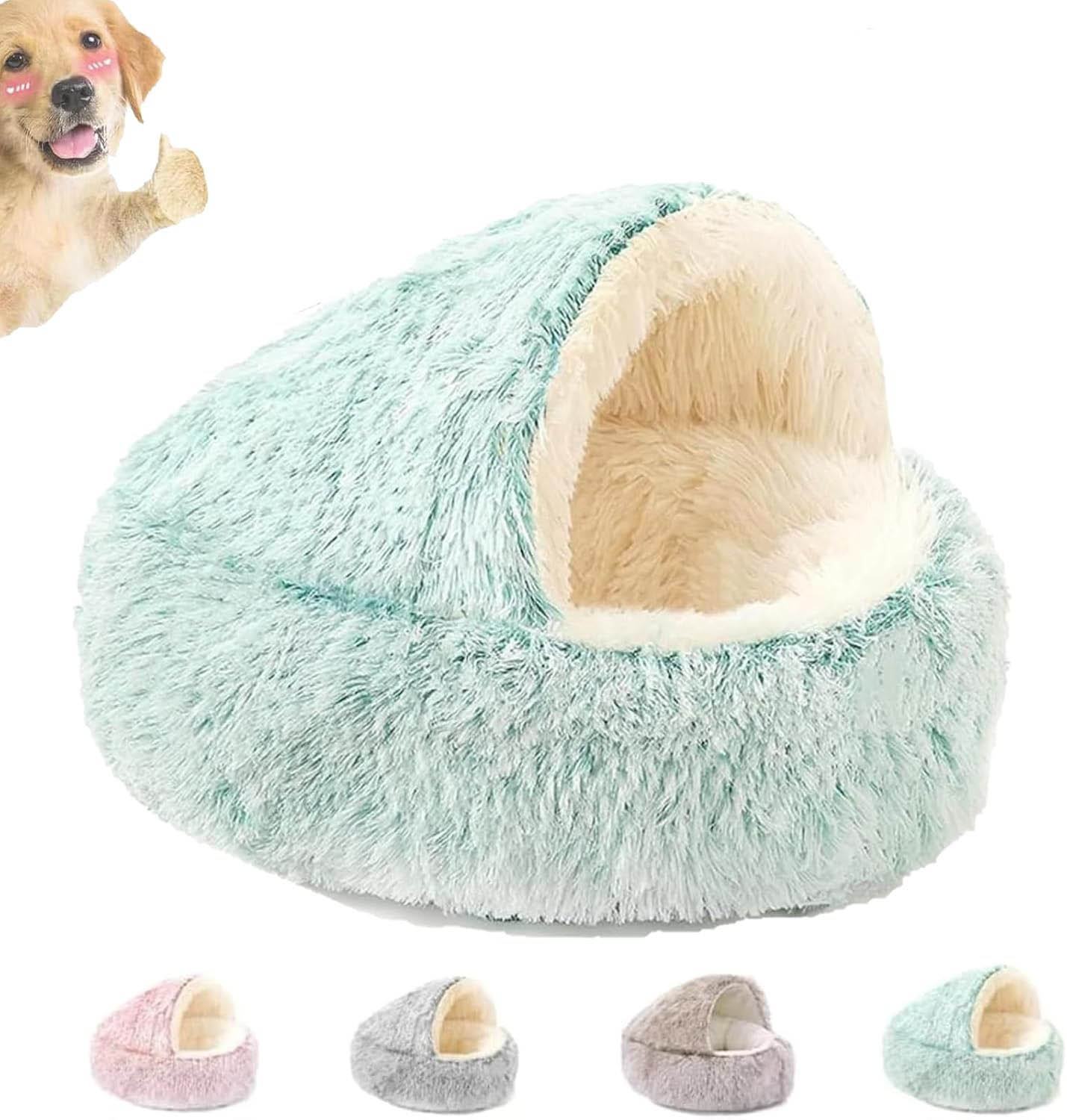 2026 New Plush Hooded Cat Bed, 27.5In Round Plush Fluffy Hooded Cat ...